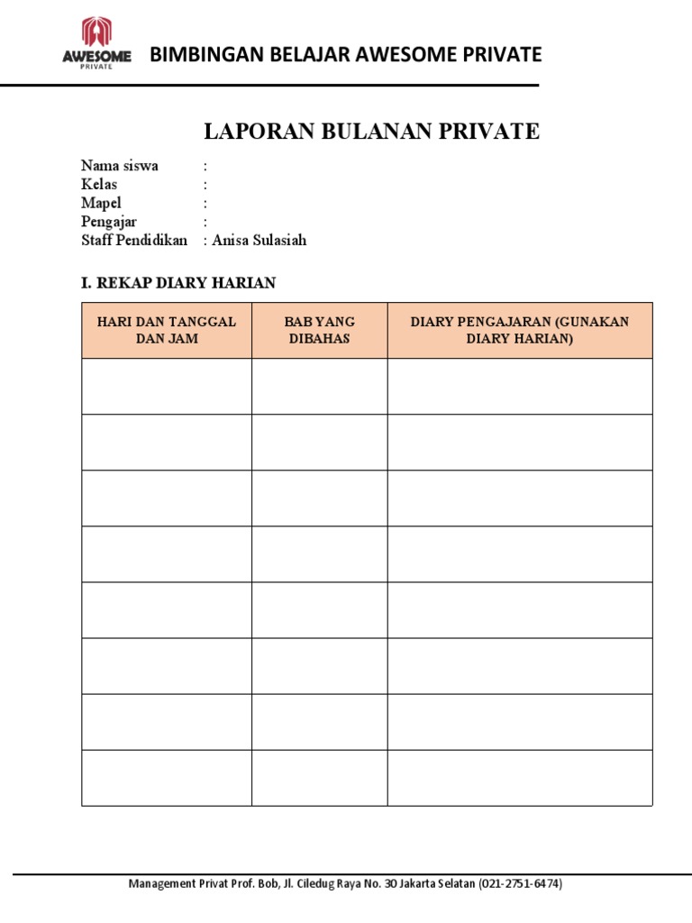 Form Laporan Perkembangan Siswa (Laporan Bulanan) | PDF