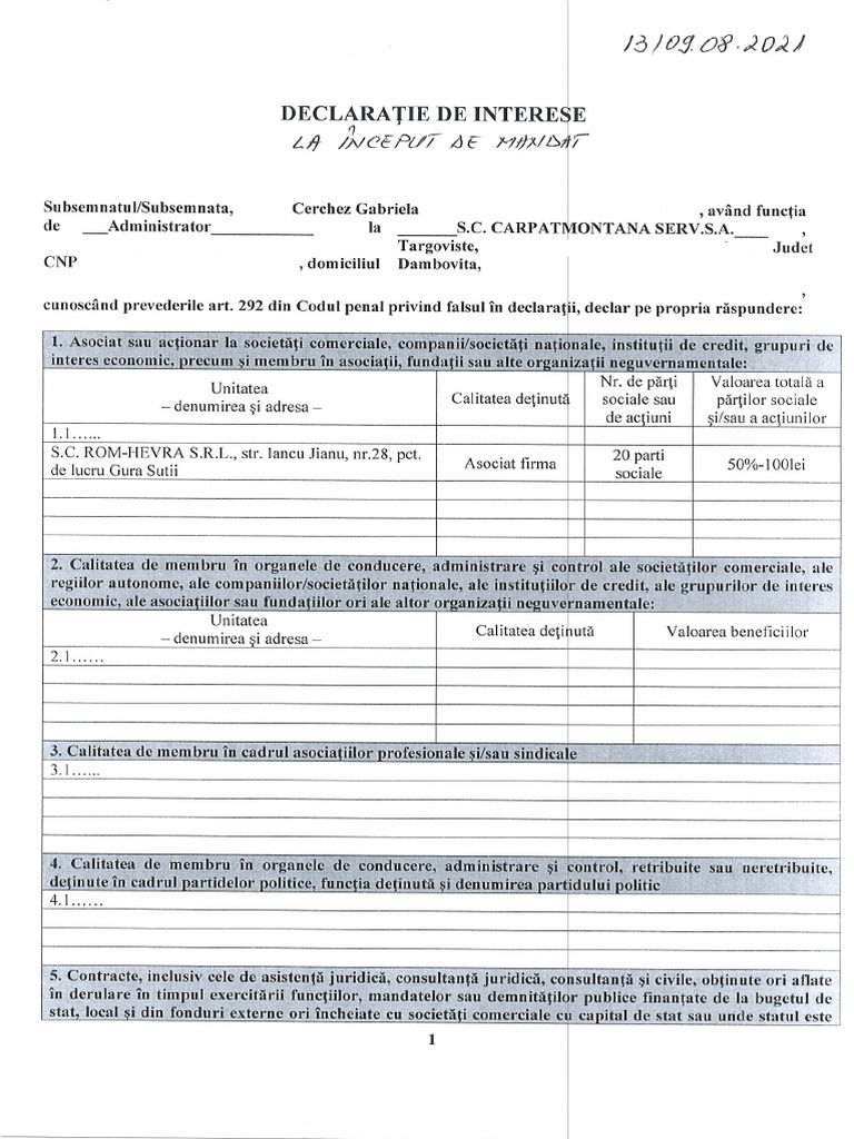 2021 - Declaratie Interese Cerchez Gabriela | PDF