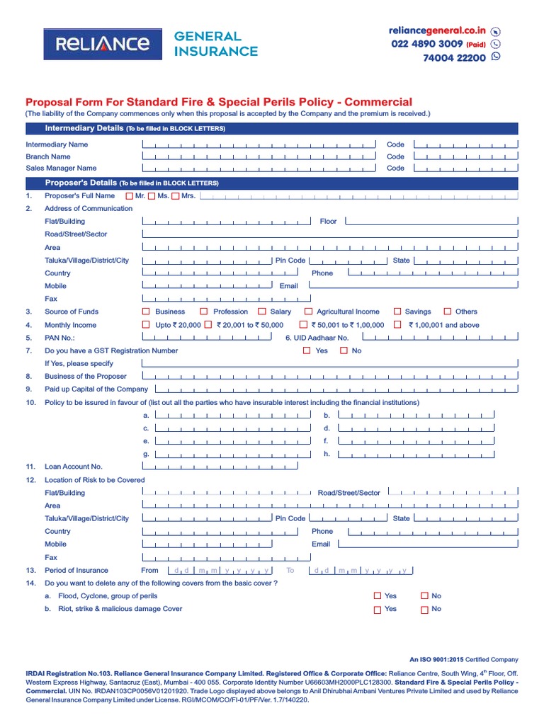 Proposal Form Standard Fire and Special Perils Policy | PDF | Insurance ...