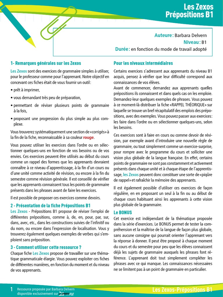 Zexos Prepositionb1 | PDF | Adposition | Verbe