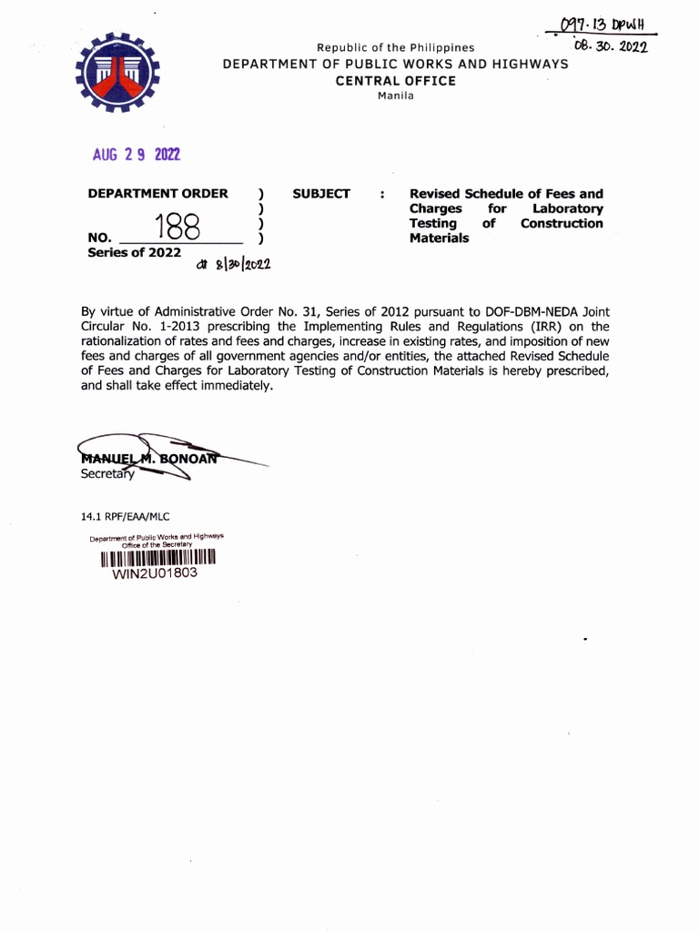 Departmentorder Subject Revised Schedule of Fees and Charges For ...
