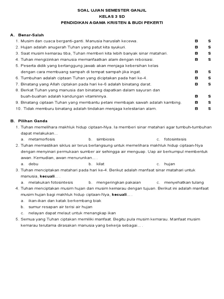 Soal Ujian Semester Ganjil Kelas 3 SD (1) F | PDF