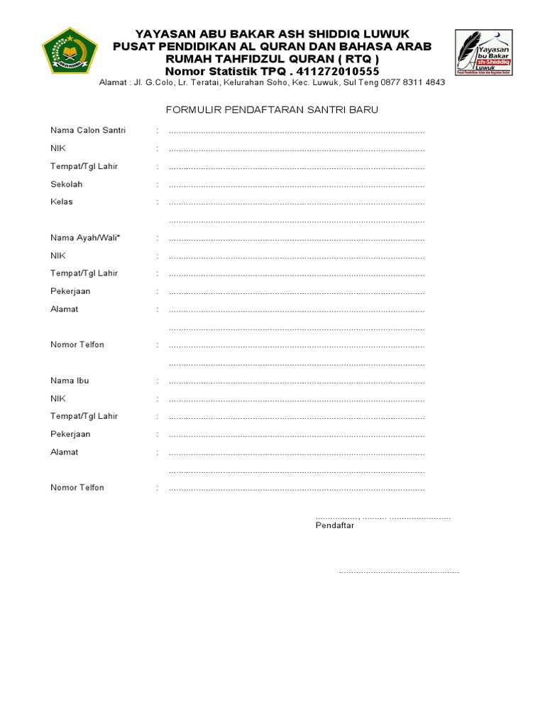 Formulir Pendaftaran Santri Baru | PDF | Griya & Taman