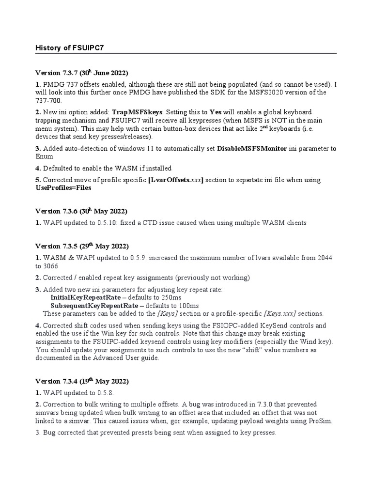 FSUIPC7 History | PDF | Command Line Interface | Parameter (Computer Programming)