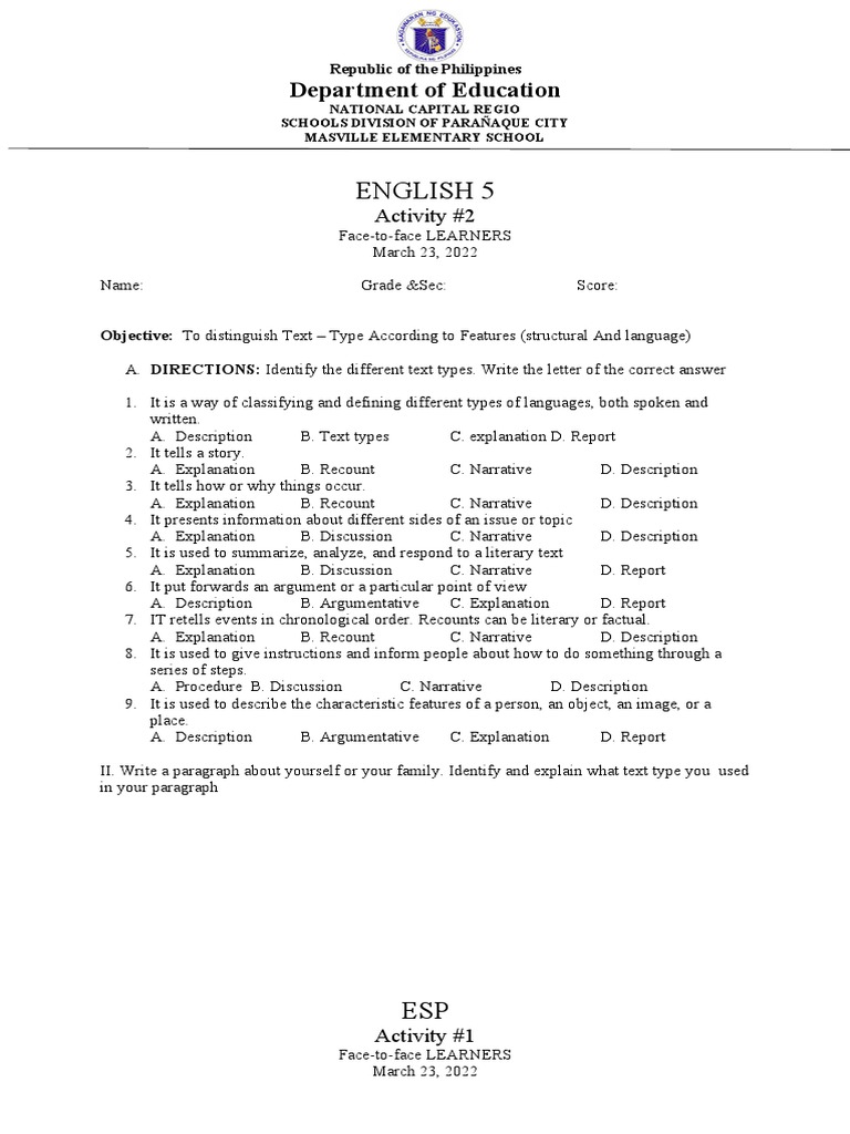 ENGLISH 5 Activity 1 For F2F Text Type | PDF | Communication | Learning