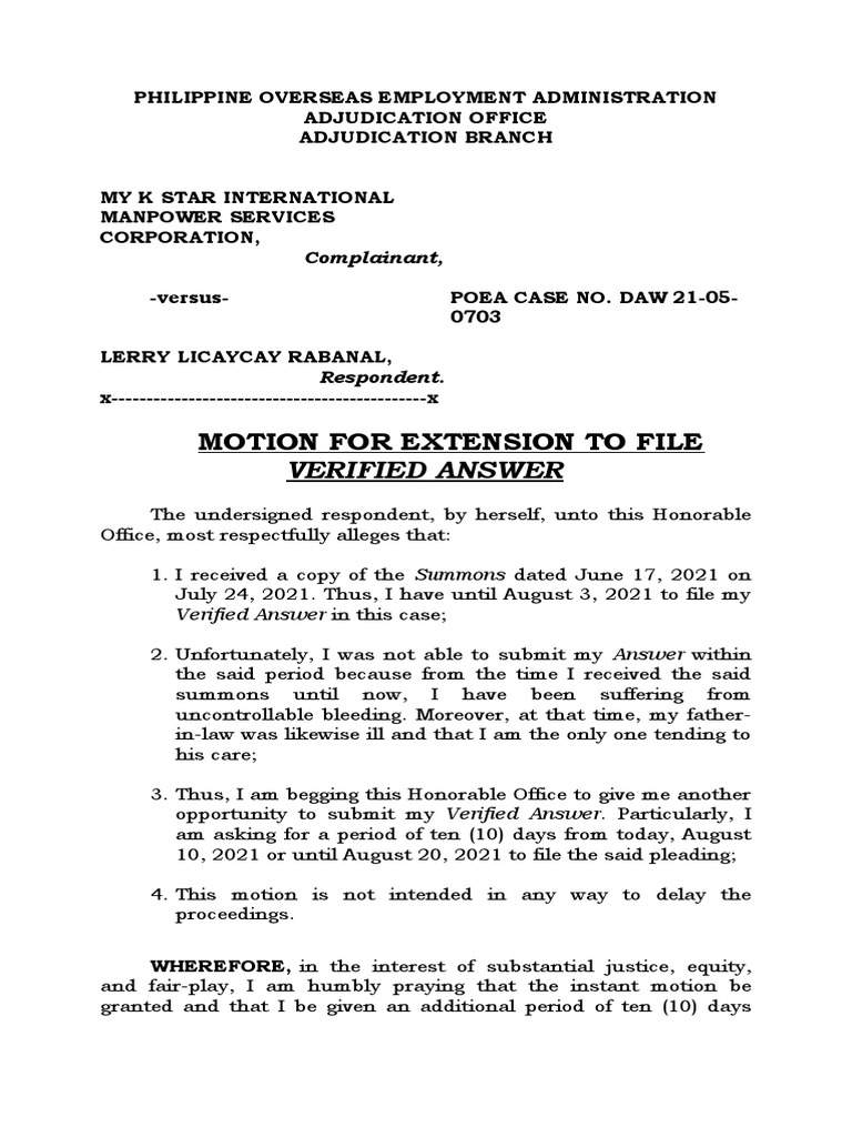 Motion For Extension POEA | PDF | Government | Justice