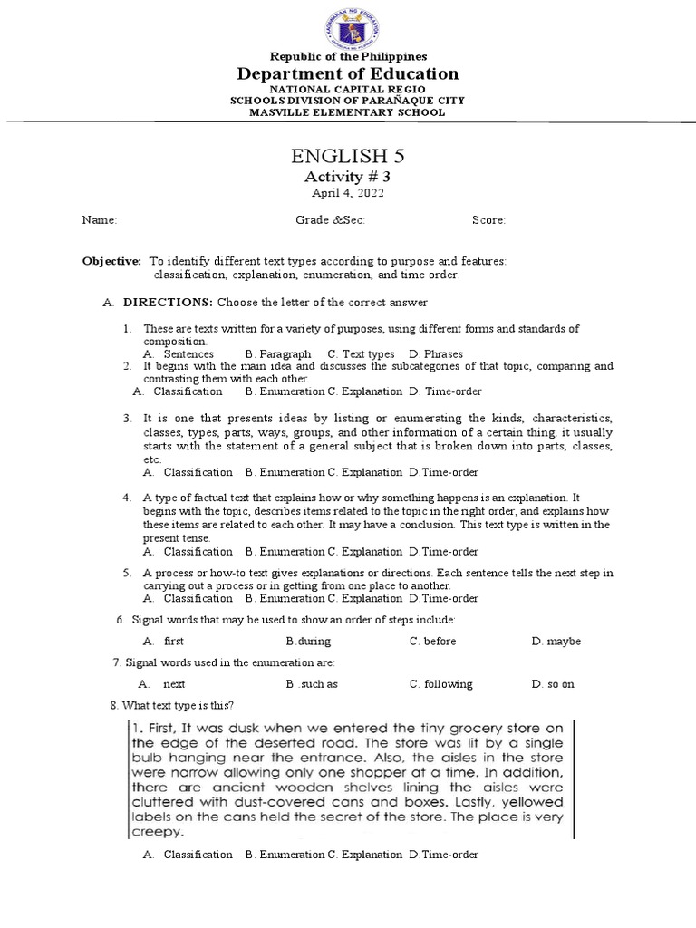 ENGLISH 5 Activity Text Types | PDF | Language Mechanics | Syntax