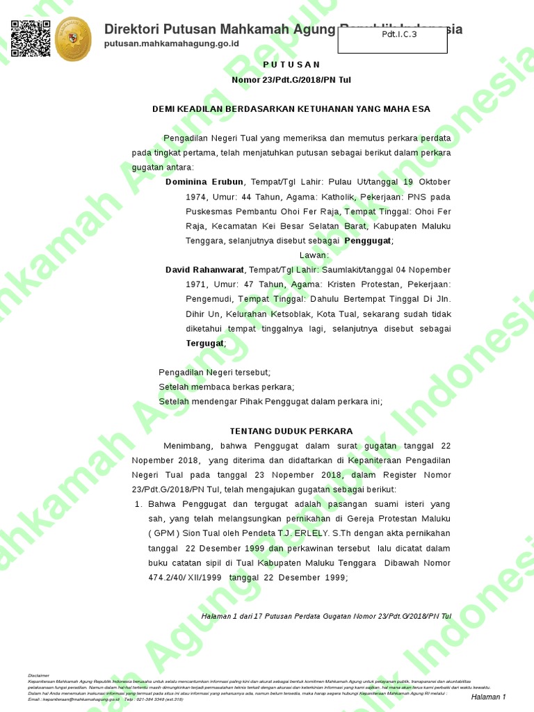 Putusan Perceraian PN Tual 2018 | PDF