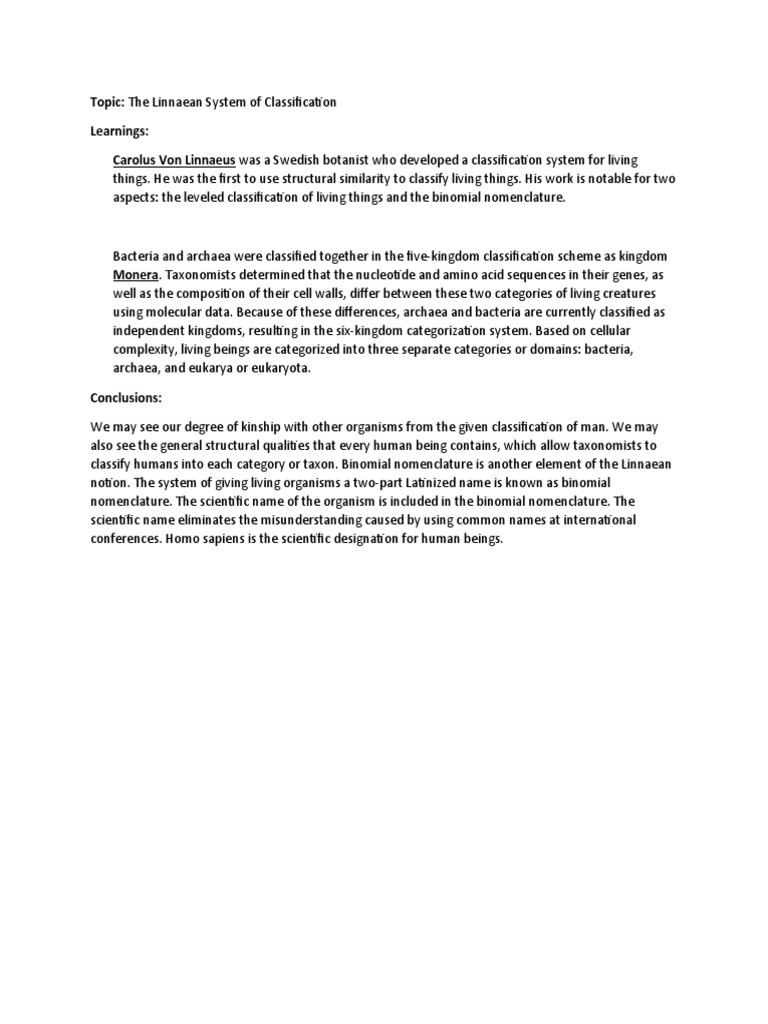 The Linnaean System of Classification Science Journal | PDF