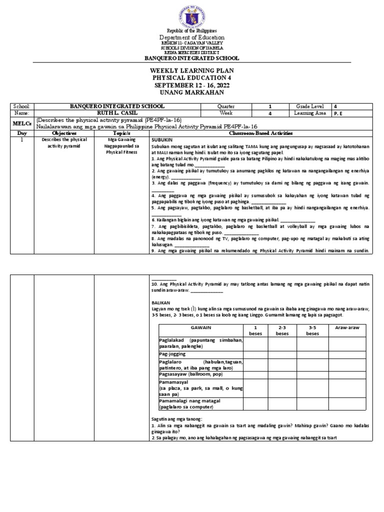 Week 4 Mapeh - Pe 4 Q1 WLP | PDF