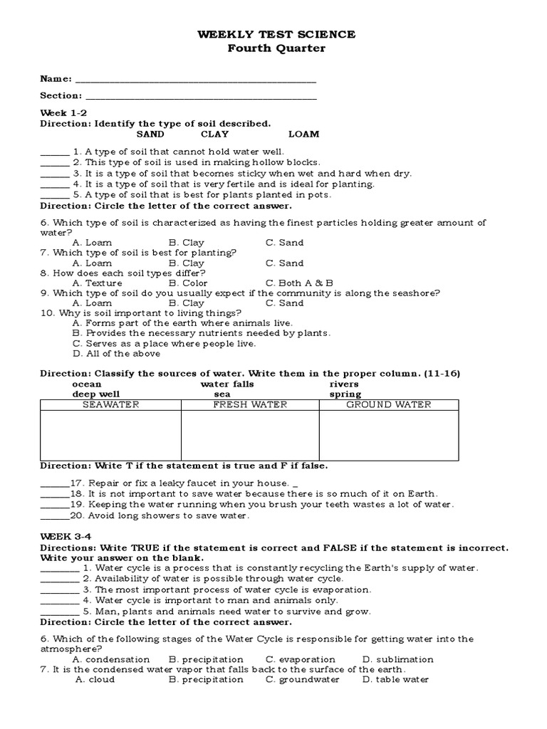 Grade 4 Science Weekly Test on Water Cycle | PDF | Water Cycle | Water