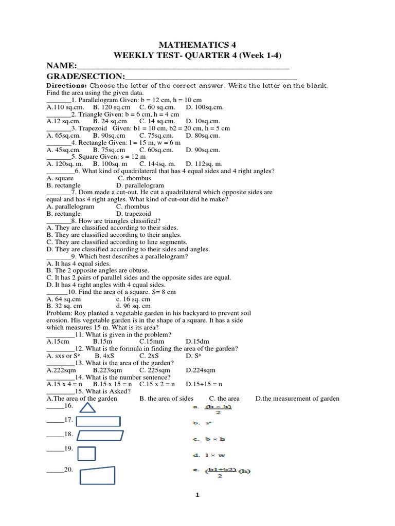 MATH 4 Q4 WEEKLY TESTweek 1 4 | PDF | Volume | Elementary Mathematics