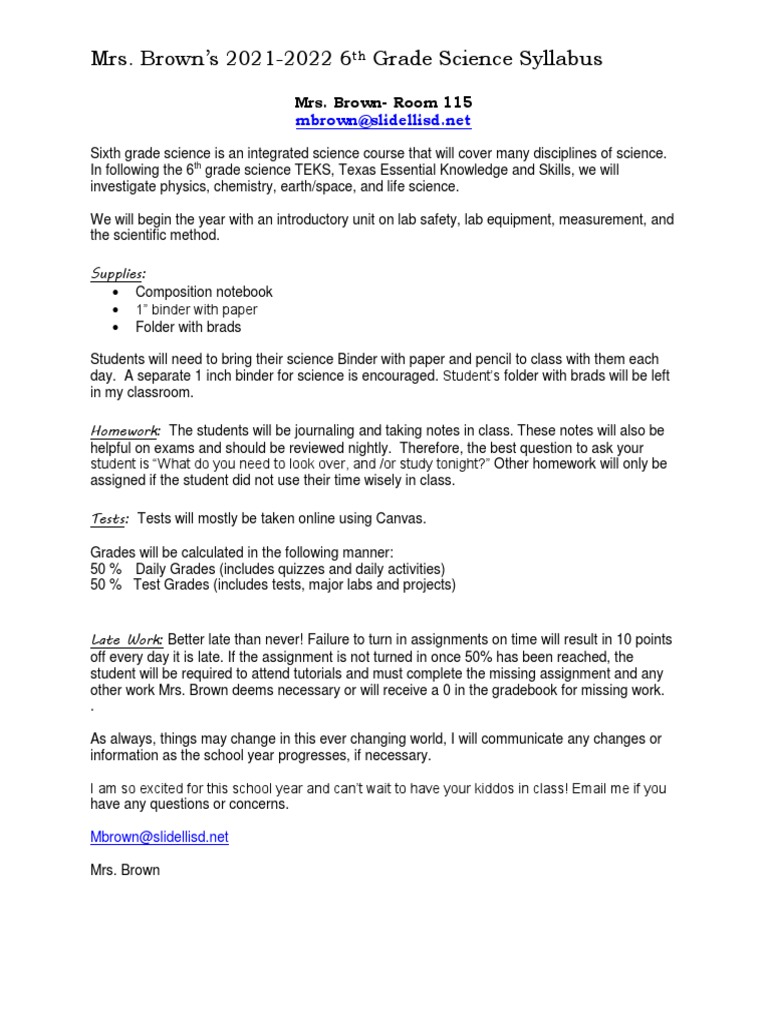 6th Grade Science Syllabus 2021-2022 | PDF
