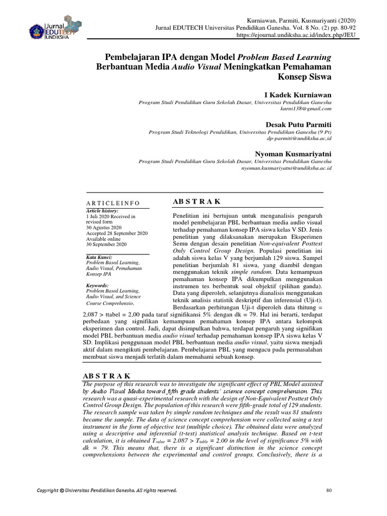 Pembelajaran IPA Dengan Model Problem Based Learning Berbantuan Media Audio Visual Meningkatkan ...