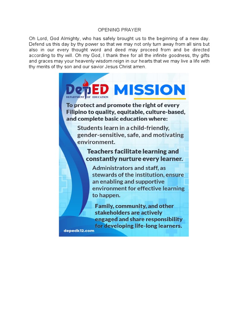 OPENING PRAYER, Deped Mission, Vision | PDF