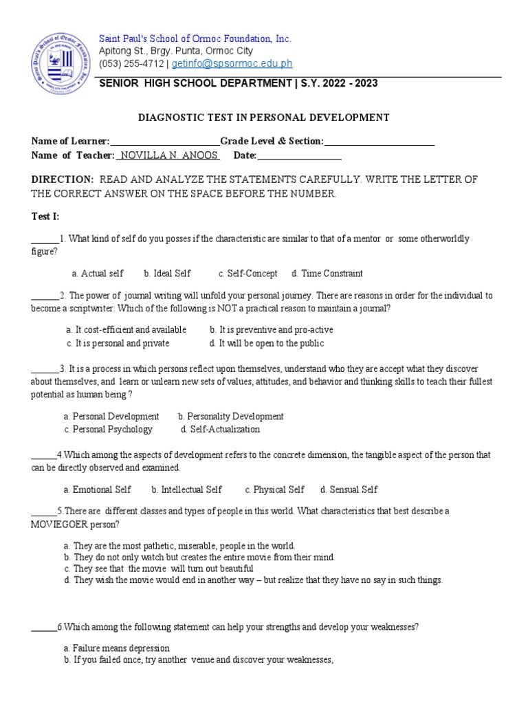 Diagnostic Test Perdev | PDF | Developmental Psychology | Adolescence