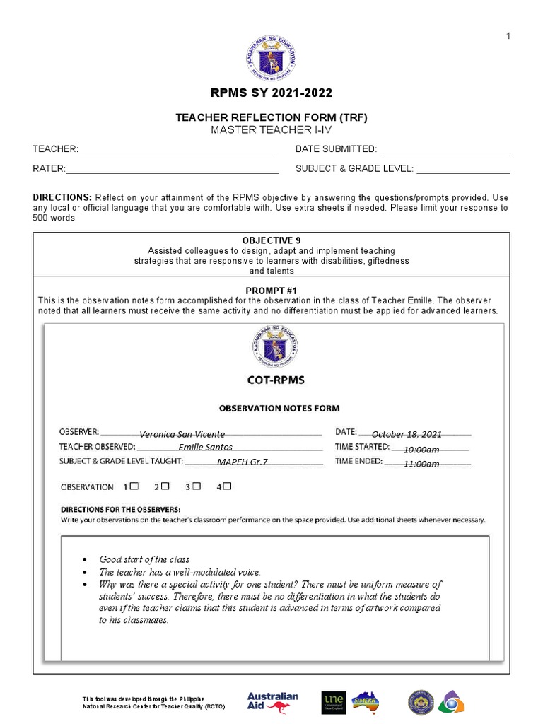 (Appendix 4B) Teacher Reflection Form For MT I-IV For RPMS SY 2021-2022 ...