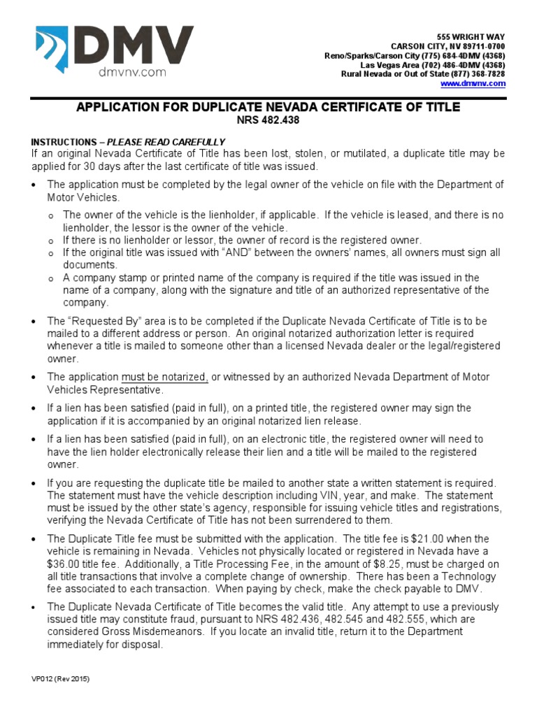 Title Request Form NV | PDF | Department Of Motor Vehicles | Notary Public