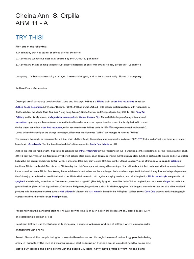 Orpilla Cheina Ann - M2-L1-Assignment - ANSWER | PDF | Food Industry | Foods