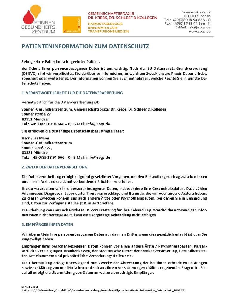 Patienteninformation Zum Datenschutz v2 | PDF
