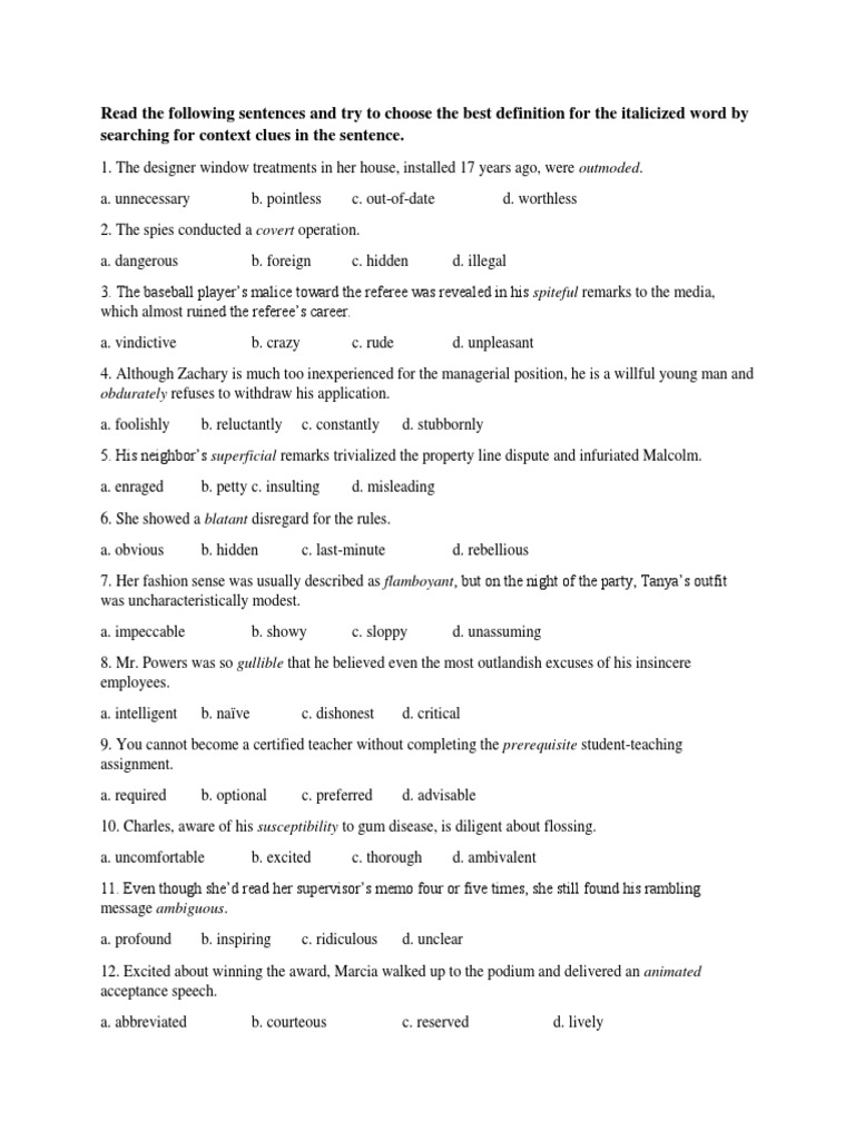 Read The Following Sentences and Try To Choose The Best Definition For ...