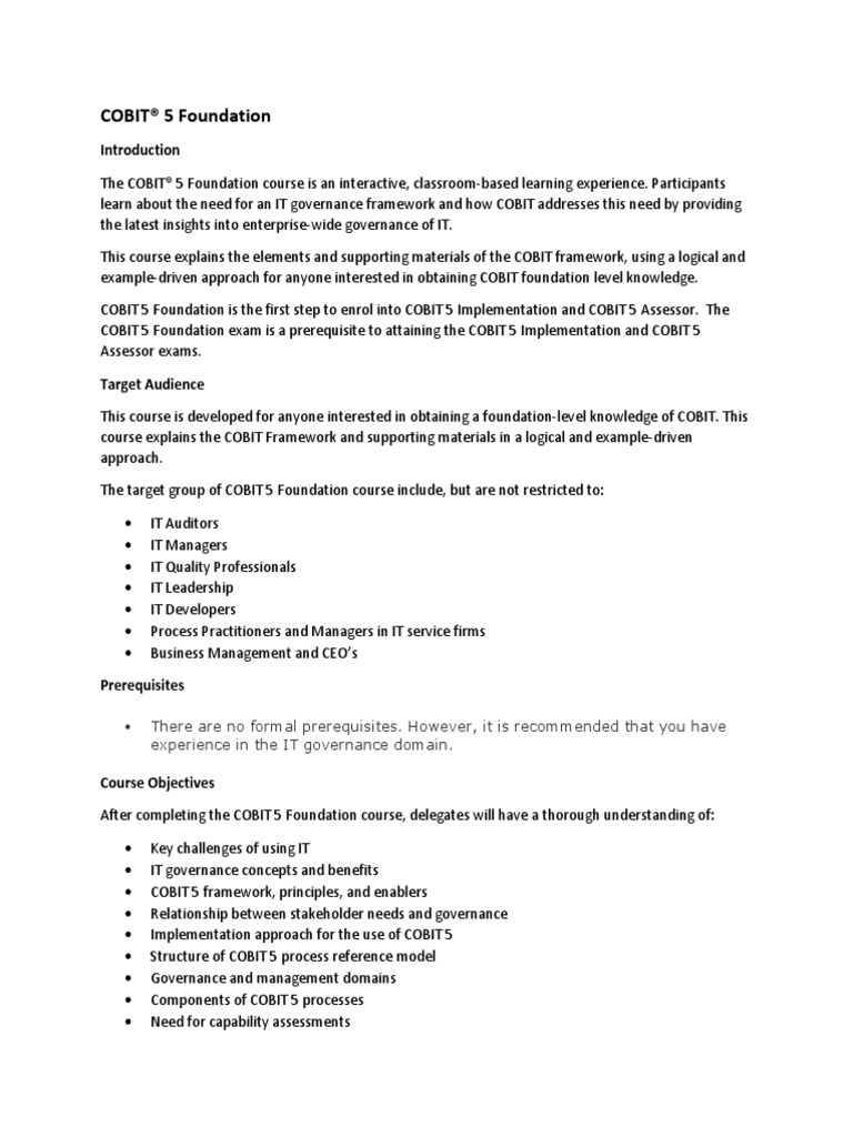 ISACA COBIT 5 Foundation - Course Overview | PDF | Business