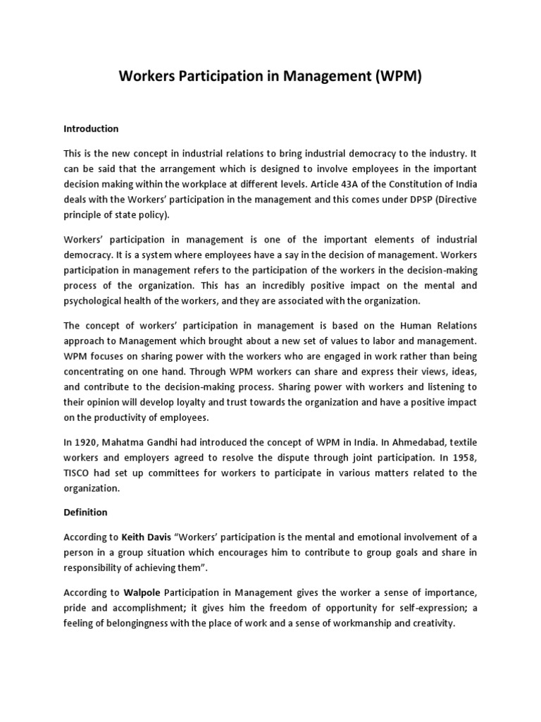 Workers Participation in Management | PDF | Employment | Decision Making