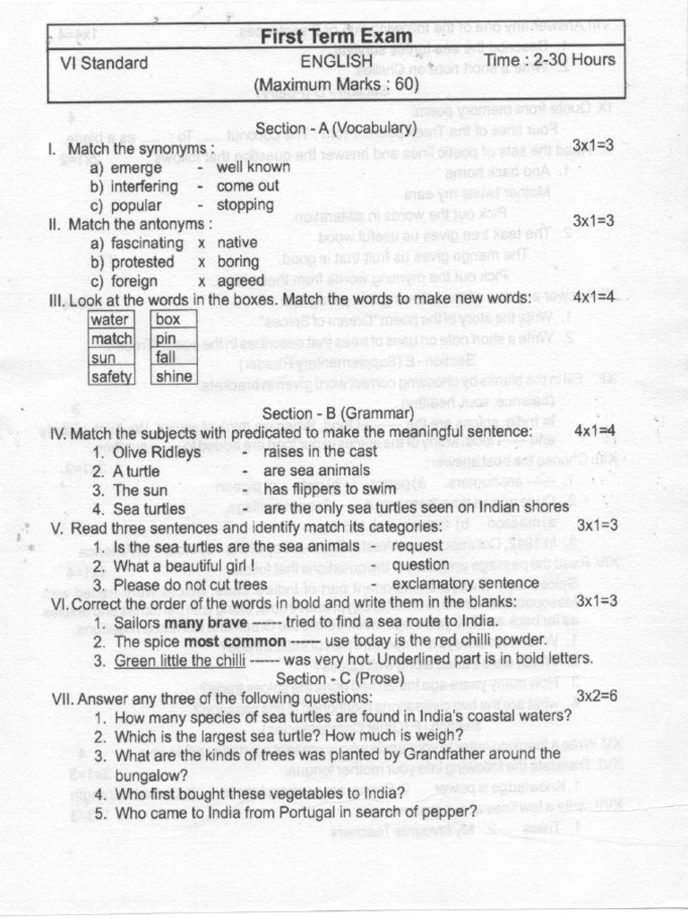Namma Kalvi 6th Standard English Term 1 Question Paper 218748 | PDF