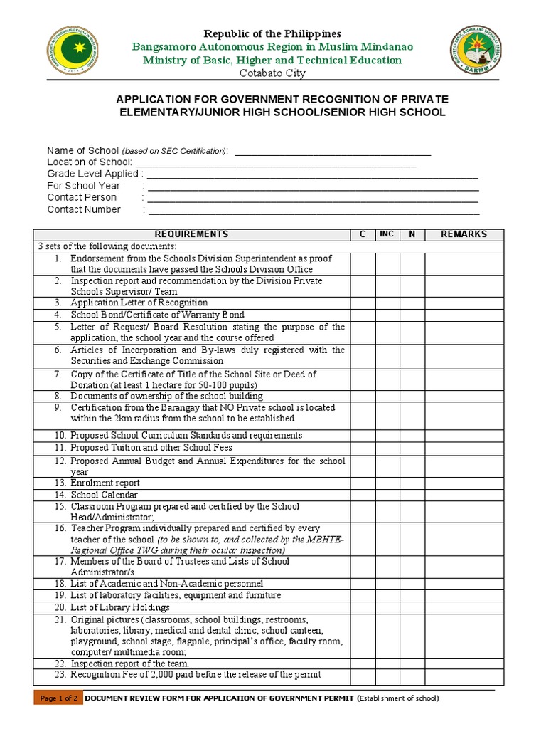 Government Recognition Application Checklist | PDF | Schools | Teachers