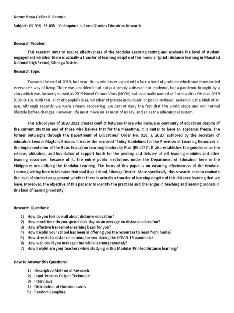 Research Topic in Colloquium | PDF | Distance Education | Teaching Method