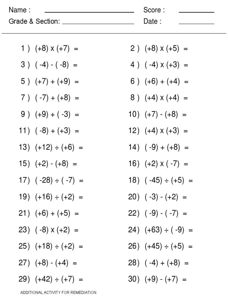 Integer Operations Worksheet | PDF | Computers