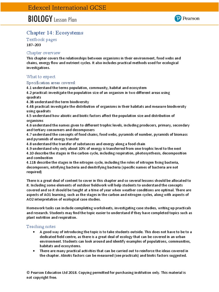 IGCSE - Bio - Lesson Plan 14 - Ecosystems | PDF | Ecosystem | Food Web