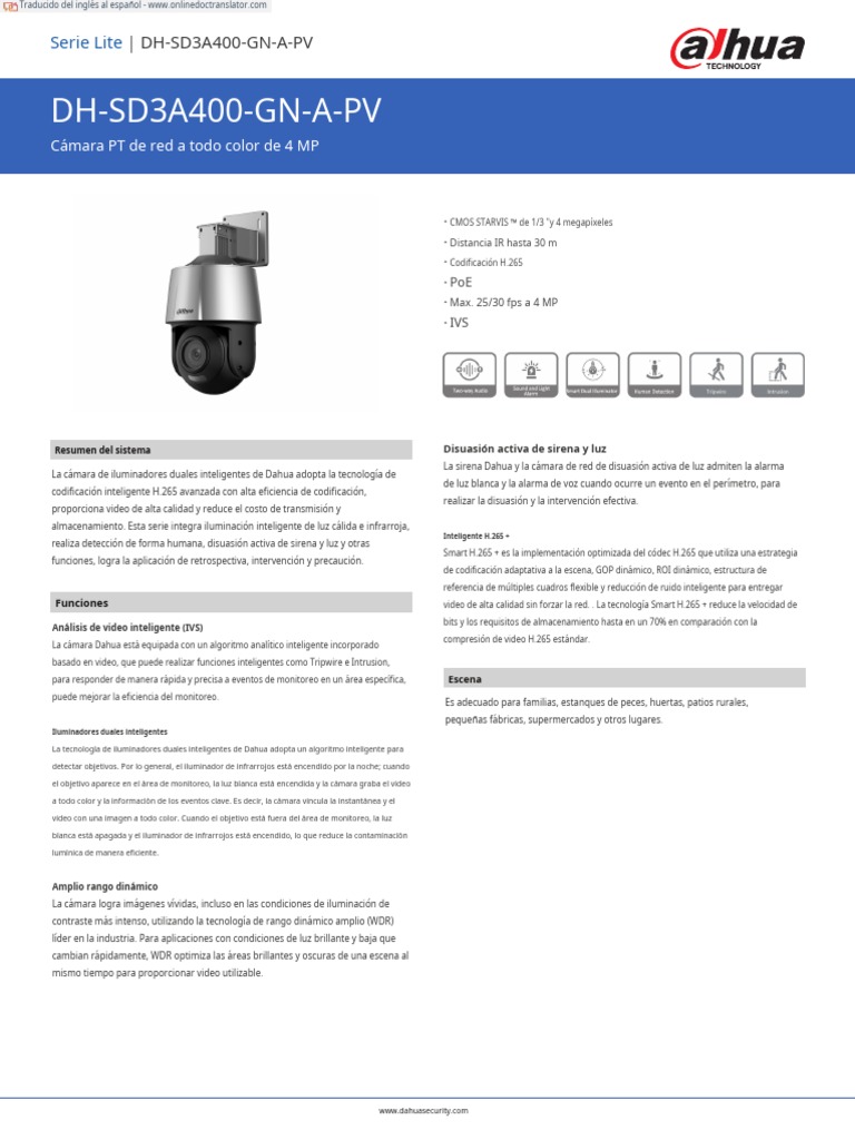 Dahua Cámara PTZ IP DH SD3A400 GN A PV Ficha Tecnica en Español | PDF ...