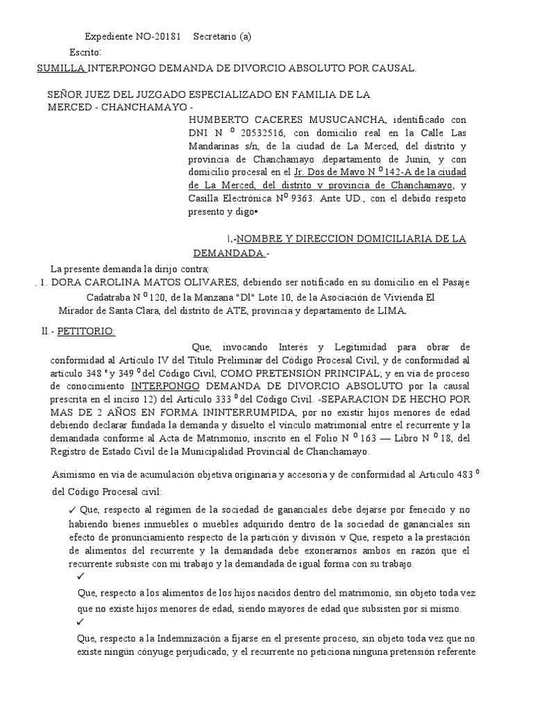Demanda de Divorcio Por Causal | PDF | Divorcio | Propiedad de la comunidad