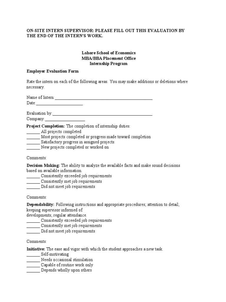 Internship Evaluation Form | PDF | Business