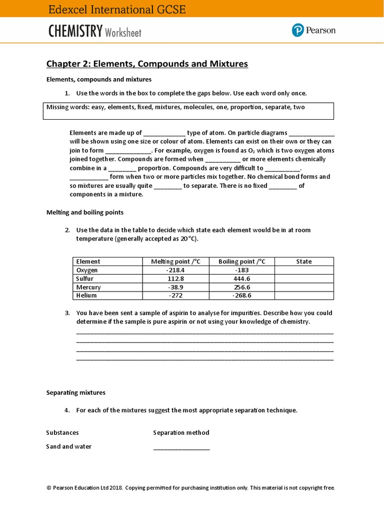 iGCSE - Chem - Worksheet 2 - Elements | PDF | Mixture | Chemical Compounds