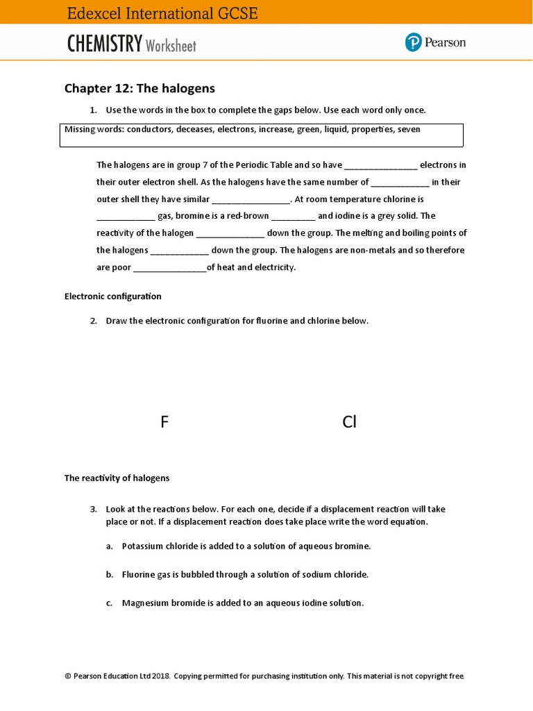 iGCSE - Chem - Worksheet 12 - Halogens | PDF