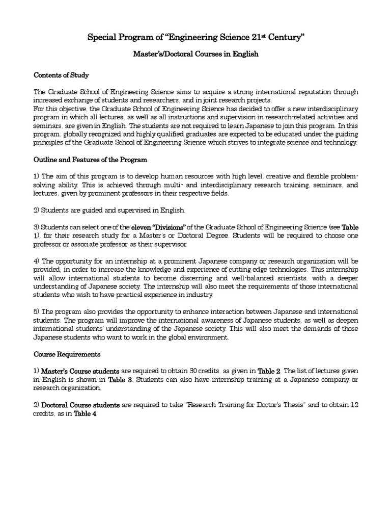 Outline and Features of Special Program of Engineering Science 21st ... Outline and Features of Special Program of Engineering Science 21st ...
