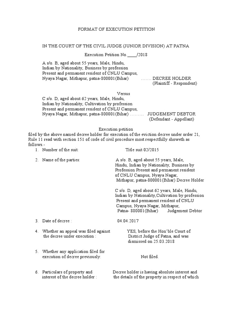 Execution Petition - Delivery of Possession | PDF | Lawsuit | Judgment (Law)