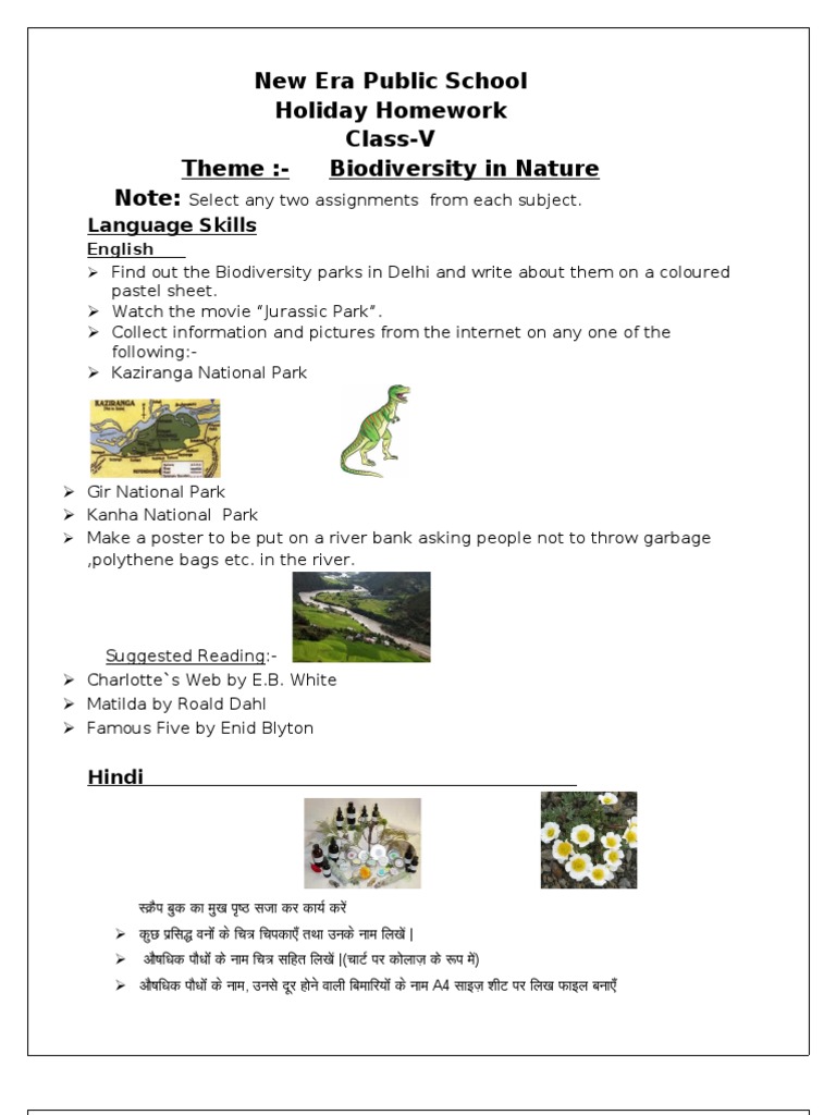 New Era Public School Holiday Homework Class-V Theme:-Biodiversity in ...