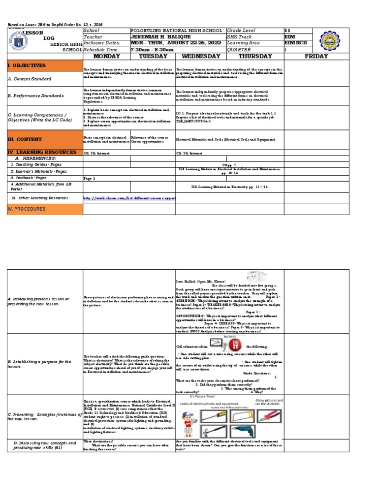 Eim DLL Grade 11 Week 1 | PDF | Electrician | Learning