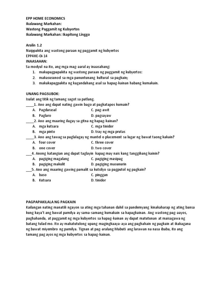 Epp - Tamang Paggamit NG Kubyertoes | PDF