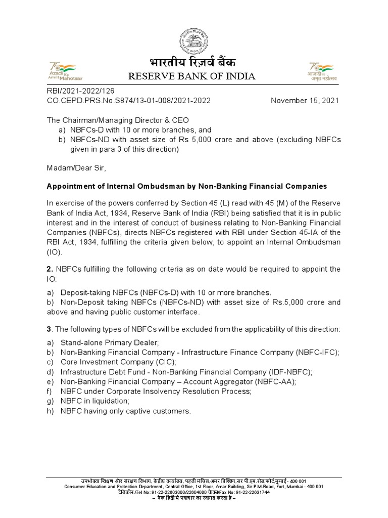 (Appointment of Internal Ombudsman by Non-Banking Financial Companies ...