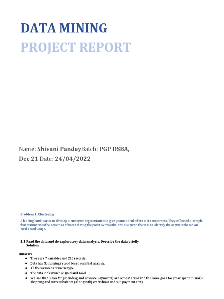 Data Mining Project: Clustering & Model Analysis | PDF | Cluster Analysis | Statistical ...