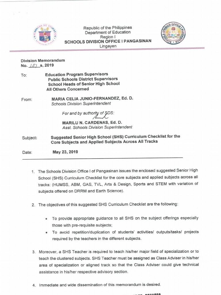 DM151s2019-Suggested Senior High School (SHS) Curriculum Checklist for ...