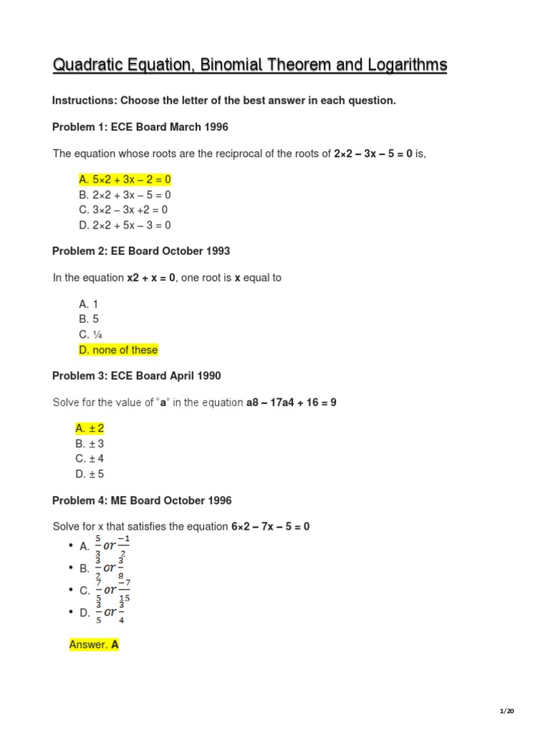 Quadratic Equation Binomial Theorem and Logarithms Reviewer | PDF | Quadratic Equation | Logarithm