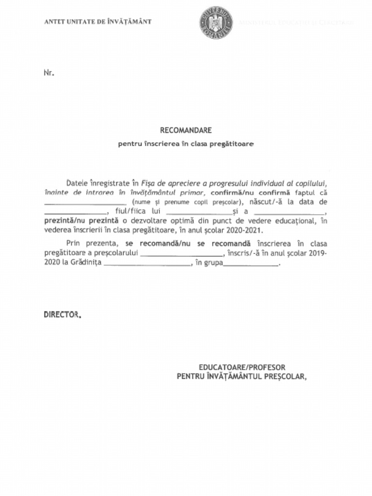 Recomandare Inscriere in Invatamantul Primar | PDF