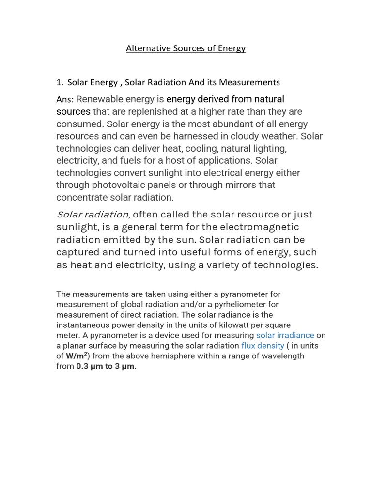 Alternative Sources of Energy Unit 1 | PDF | Solar Energy | Energy Storage