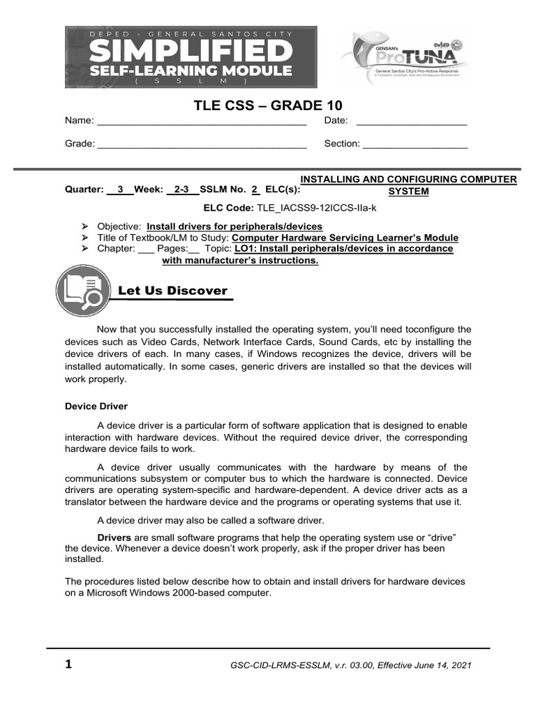 Tle Css Grade 10 Let Us Discover Pdf Device Driver Operating System 0647