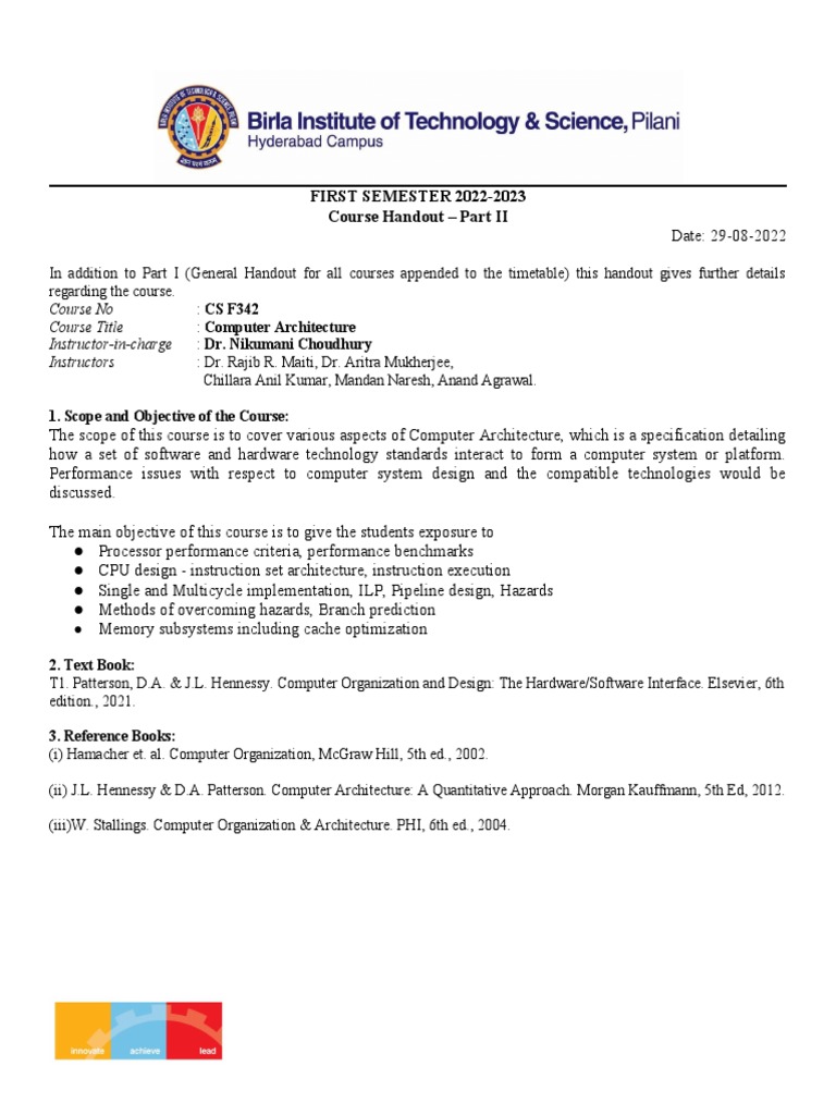 CS F342 - CA - Dr. Nikumani Chowdhury | PDF